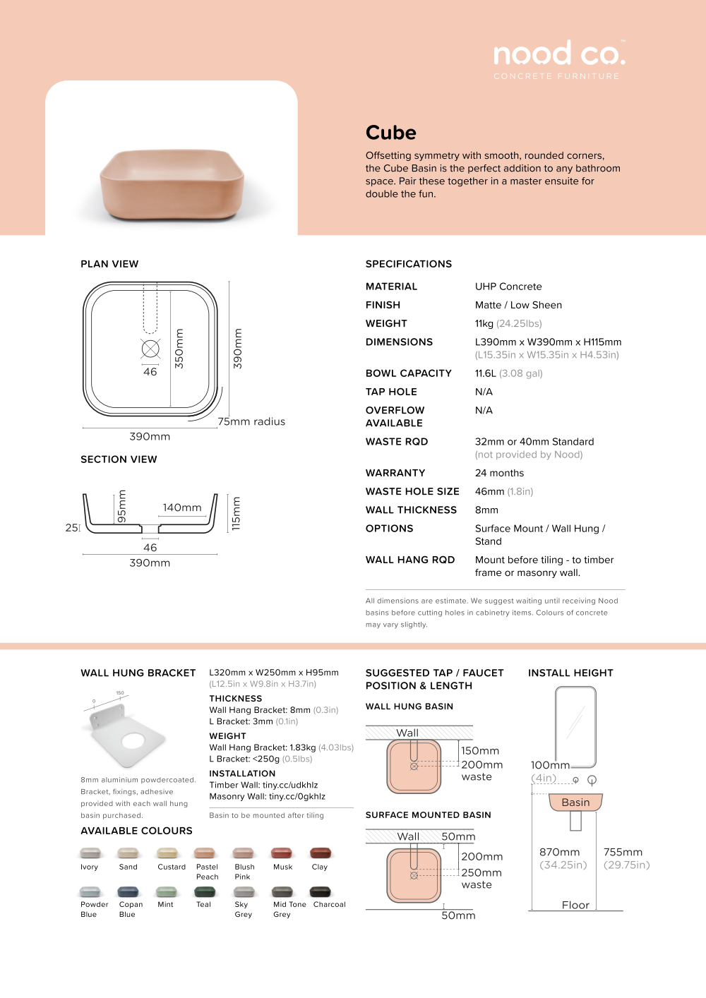Nood Co. CUBE BASIN - WALL HUNG - CUSTARD - Flooring Bathrooms Interiors